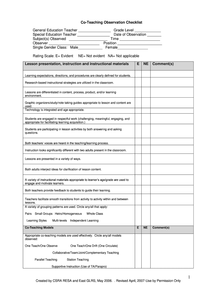 Fillable Online Co-Teaching Observation Checklist Fax Email Print ...