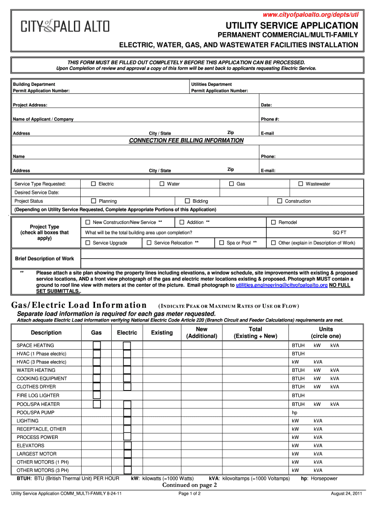 Fillable Online cityofpaloalto UTILITY SERVICE APPLICATION Gas/Electric ... - City of Palo Alto ...