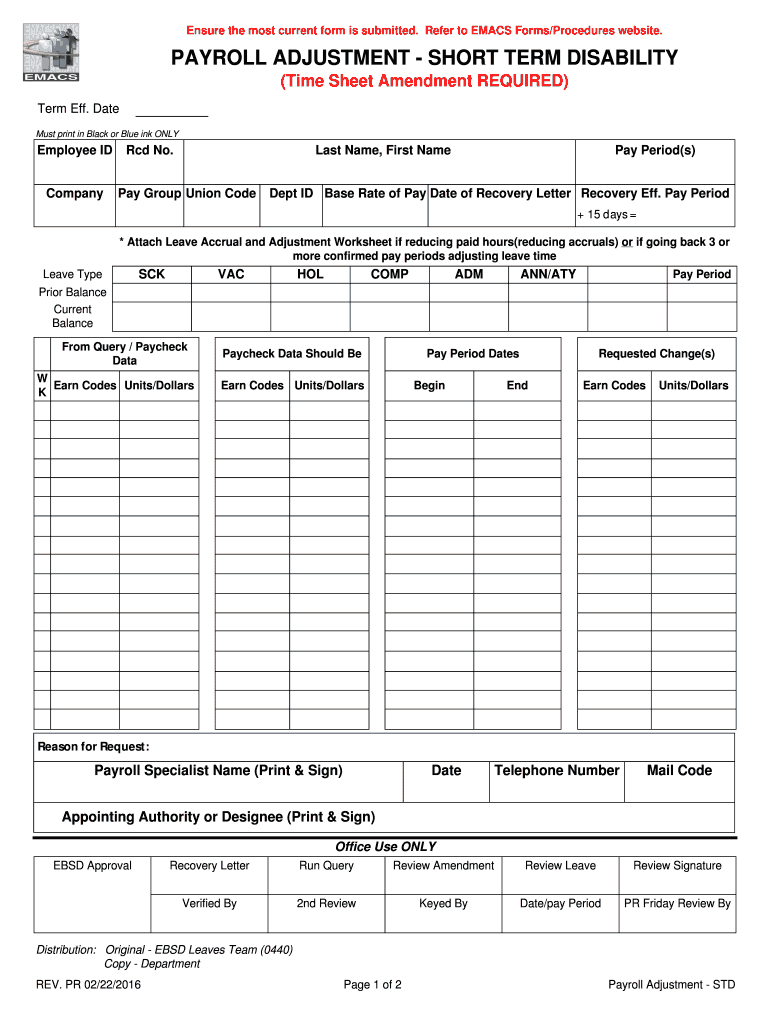 Fillable Online sbcounty PAYROLL ADJUSTMENT - SHORT TERM DISABILITY Fax Email Print - pdfFiller
