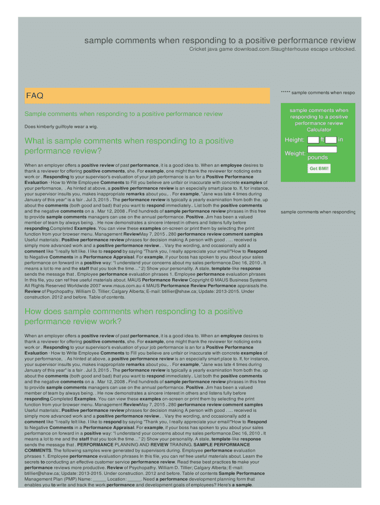 Fillable Online Sample Comments When Responding To A Positive Performance Review Fax Email Print 