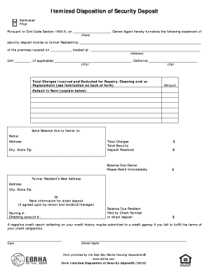 Fillable Online Itemized Disposition of Security Deposit - EBRHA Fax ...