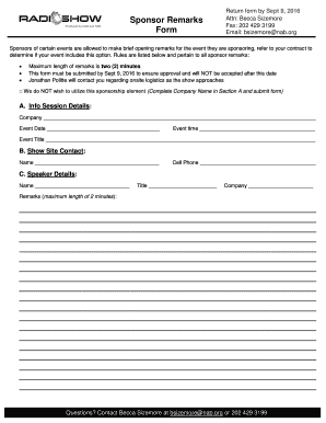 Fillable Online Sponsor Remarks Form - Radio Show Fax Email Print ...