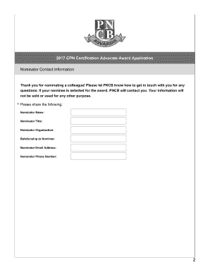 Fillable Online pncb Introduction 2017 CPN Certification Advocate Award Application Fax Email ...