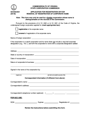 Fillable Online scc virginia APPLICATION FOR REGISTRATION OR FOR Fax ...