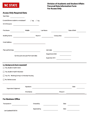 Fillable Online business dasa ncsu Personal Data Information Form Fax ...