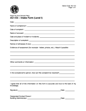 Fillable Online public rcas Rapid City Area Schools Policy AC1-E3 Intake Form (Level I) Fax ...