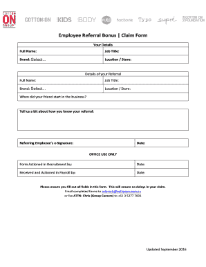 Fillable Online Employee Referral Bonus Claim Form Fax Email Print ...
