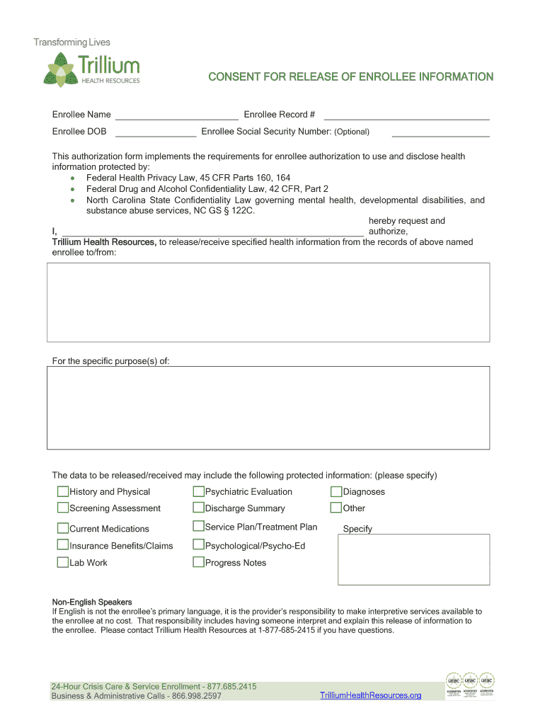Fillable Online trilliumhealthresources Trillium - Consent for release ...