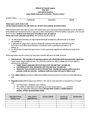 Fillable Online prescott erau Affidavit of Financial Support 2016-2017 ...