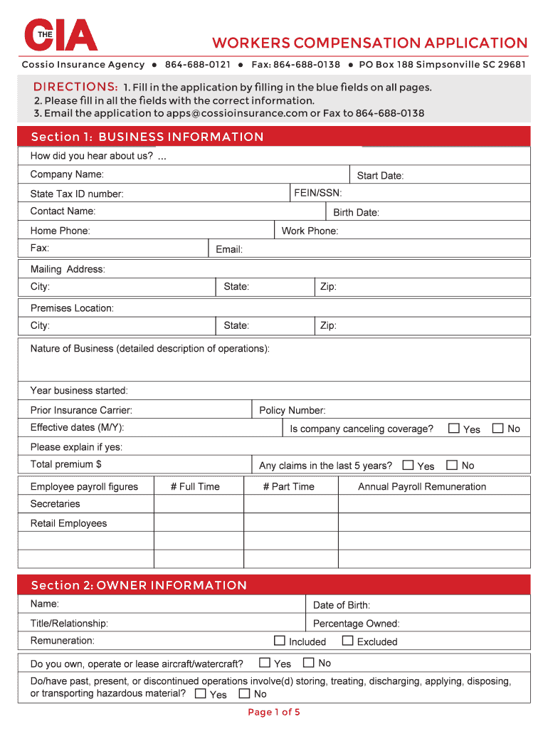Fillable Online WORKERS COMPENSATION APPLICATION - Cossio Insurance ...