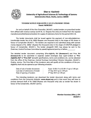 Fillable Online TENDER NOTICE FOR SUPPLY OF STATIONERY ITEMS Dated: 06 ...
