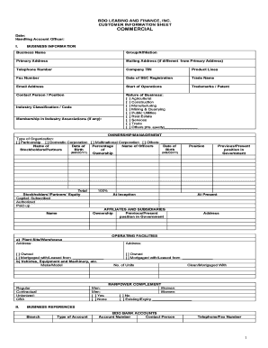 Fillable Online BDO LEASING AND FINANCE, INC. CUSTOMER INFORMATION ...