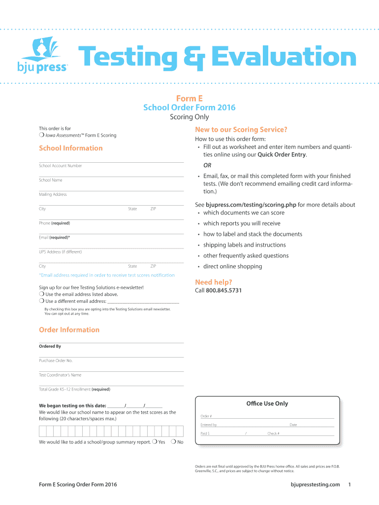 Fillable Online 2016 Private School Testing Order Form E (Scoring Only ...