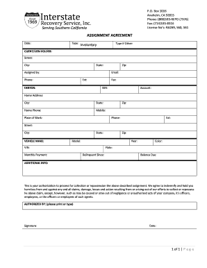 Fillable Online assignment form - Interstate Recovery Service Fax Email ...