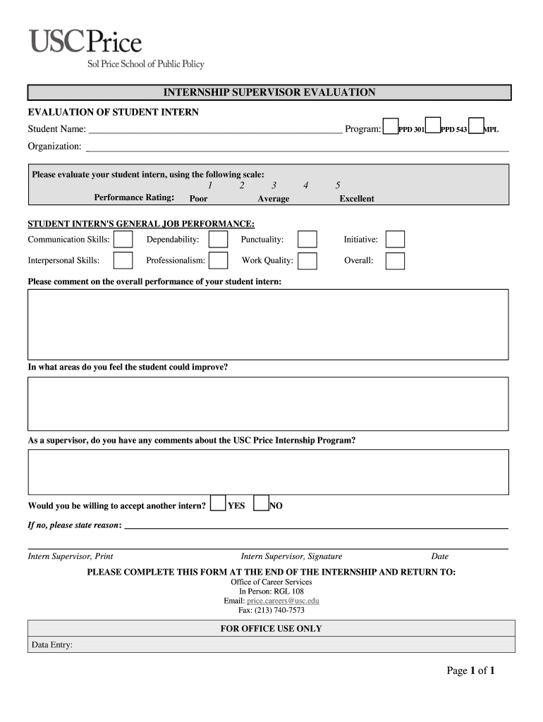 Fillable Online priceschool usc INTERNSHIP SUPERVISOR EVALUATION Fax ...