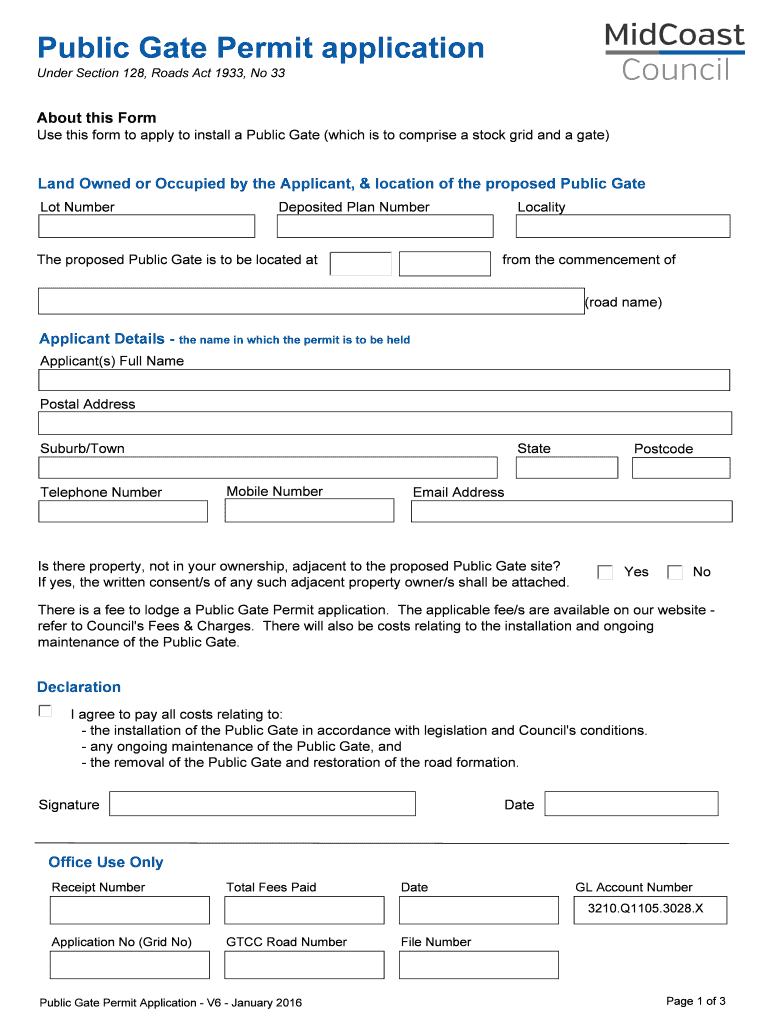 Fillable Online Public Gate Permit application - Taree Council Fax ...