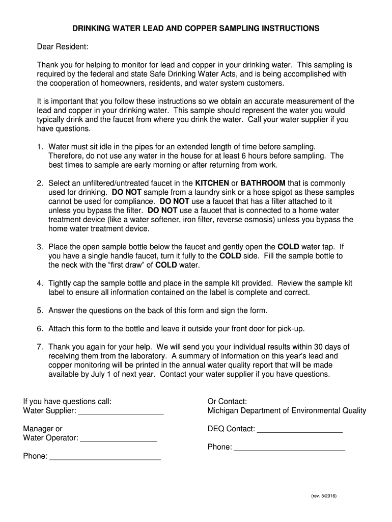 Fillable Online DRINKING WATER LEAD AND COPPER SAMPLING INSTRUCTIONS ...