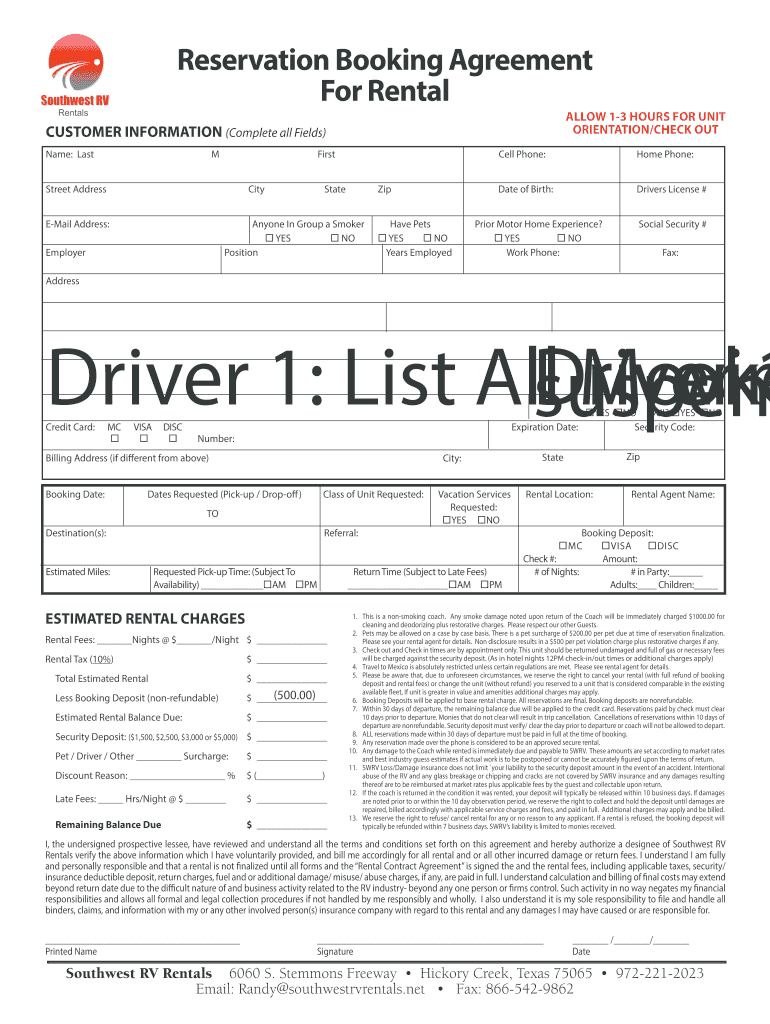 Fillable Online southwestrvrentals Reservation Booking Agreement Fax ...