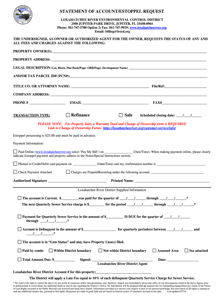 Fillable Online STATEMENT OF ACCOUNT/ESTOPPEL REQUEST Refinance Sale ...