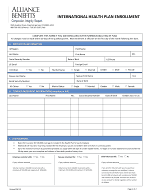 Fillable Online alliancebenefits INTERNATIONAL HEALTH PLAN ENROLLMENT ...