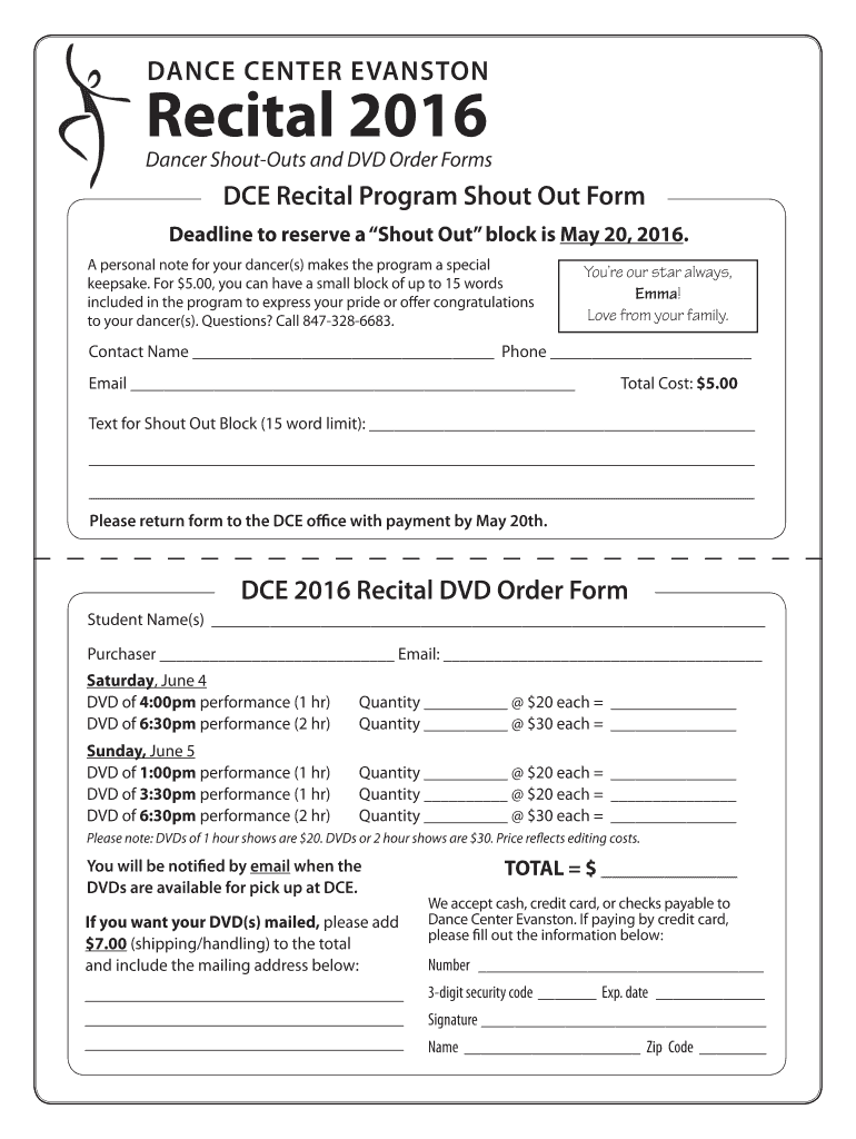 Fillable Online Shout Out and DVD Order Form - Dance Center Evanston ...