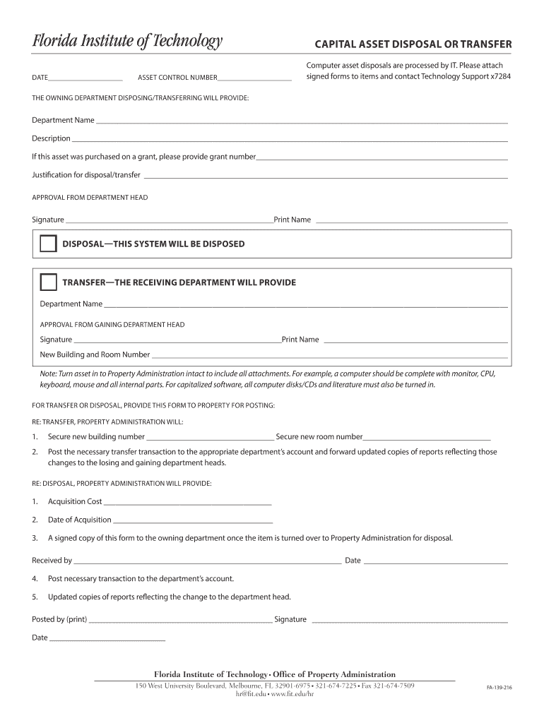 Fillable Online fit CAPITAL ASSET DISPOSAL OR TRANSFER Fax Email Print ...