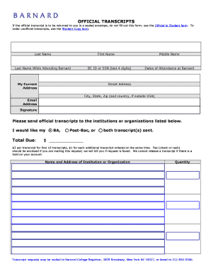 Fillable Online barnard If the official transcript is to be returned to ...