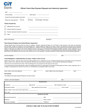 Fillable Online Official Check Stop Payment Request and Indemnity ...