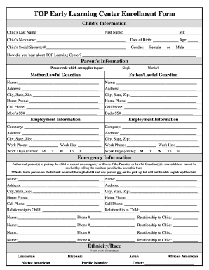 Fillable Online TOP Early Learning Center Enrollment Form Fax Email ...