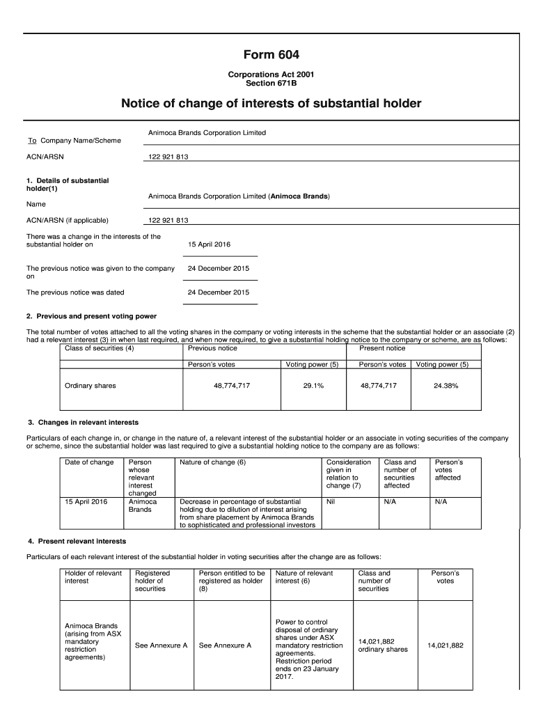 Fillable Online ASIC Form 604 Notice of Change of Interest... Fax Email ...