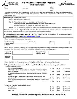 Fillable Online Colon Cancer Prevention Program Participant Form Fax ...