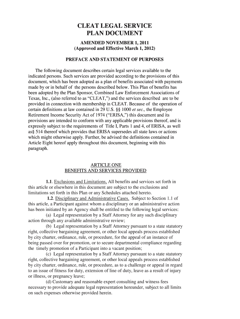 Fillable Online cleat CLEAT LEGAL SERVICE PLAN DOCUMENT Fax Email Print ...