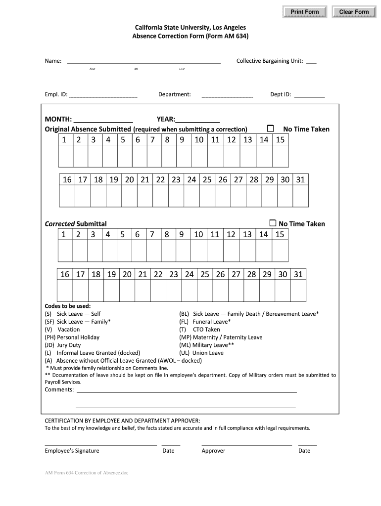 Fillable Online calstatela Absence Correction Form (Form AM 634) Fax ...