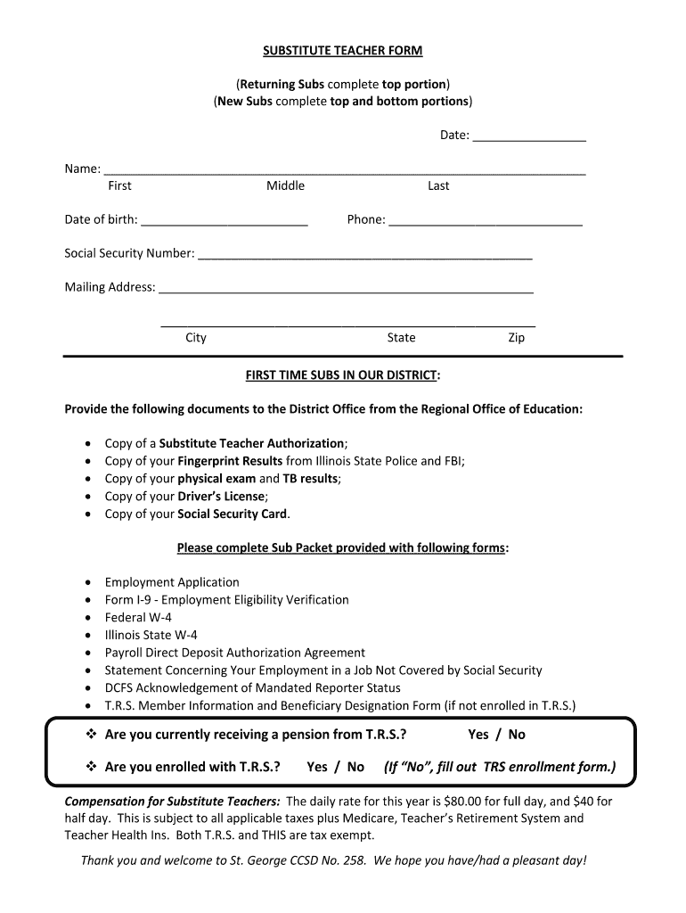 Fillable Online SUBSTITUTE TEACHER FORM Returning Subs complete top ... Fax Email Print - pdfFiller