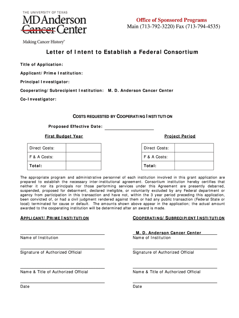 Fillable Online mdanderson Federal Consortium (Non-NIH) Letter of ...