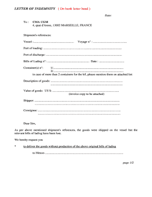 Fillable Online LETTER OF INDEMNITY ( On bank letter head ) Fax Email ...