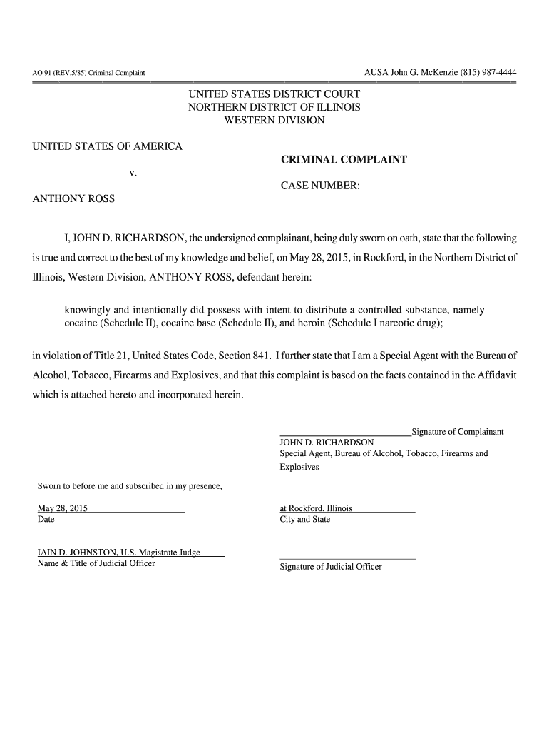 Fillable Online justice 5/85) Criminal Complaint - justice Fax Email ...