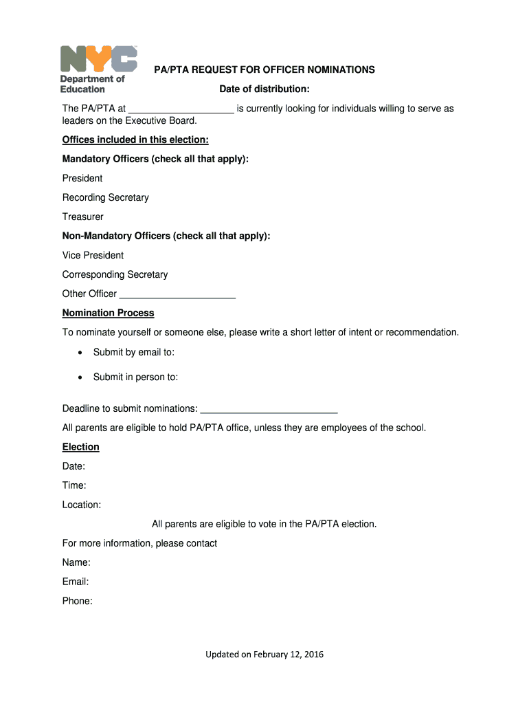 Fillable Online schools nyc PA/PTA REQUEST FOR OFFICER NOMINATIONS ...