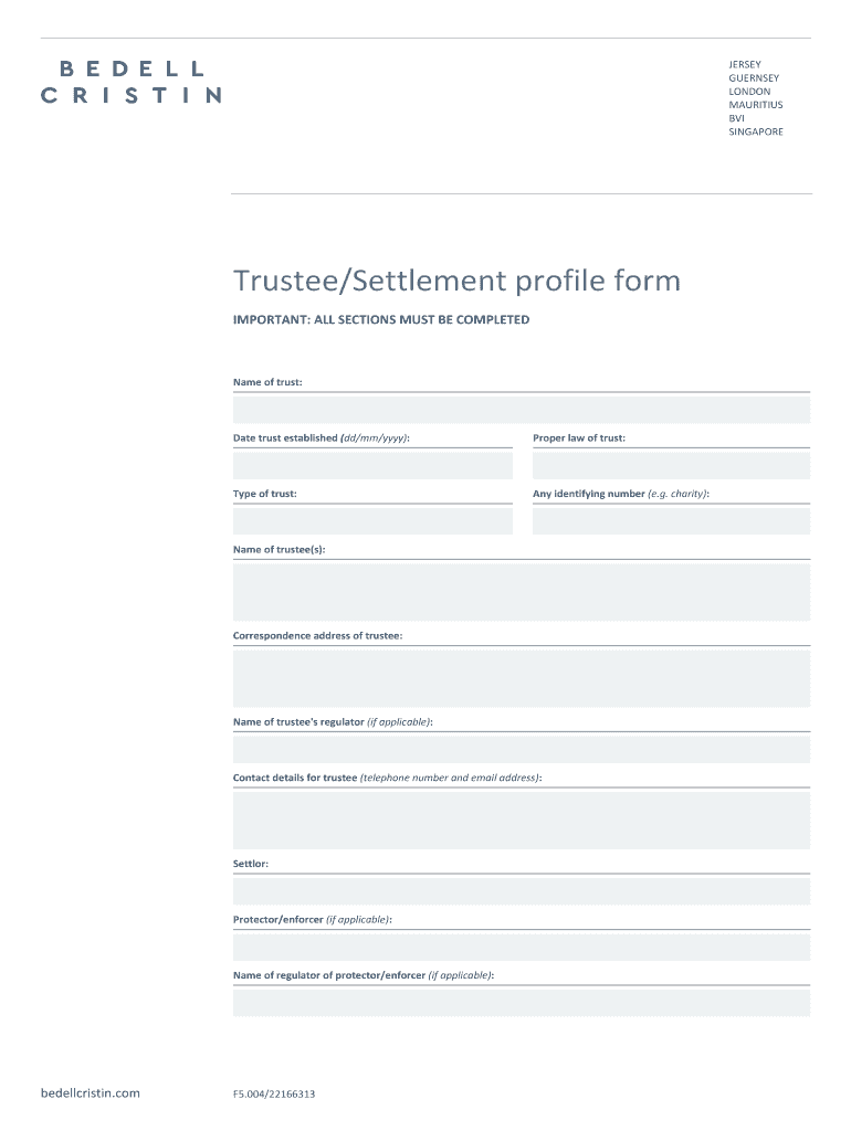 Fillable Online Trustee Settlement Profile Form Bedell Cristin Fax