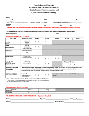 Fillable Online Georgia Regents University CERTIFICATE OF IMMUNIZATION ...