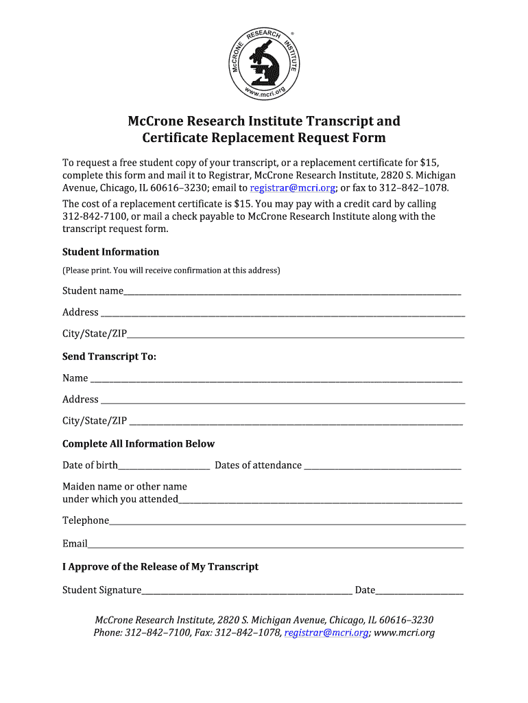 Fillable Online mcri McRI Transcript Request Form Fax Email Print ...