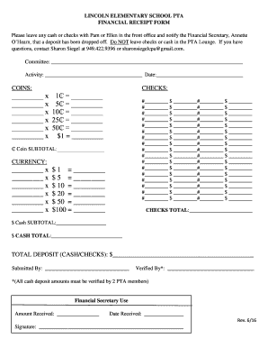 Fillable Online LINCOLN ELEMENTARY SCHOOL PTA FINANCIAL RECEIPT FORM ...