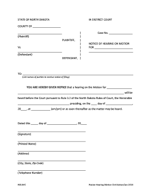 Fillable Online ndcourts Notice of Hearing on Motion form Fax Email ...