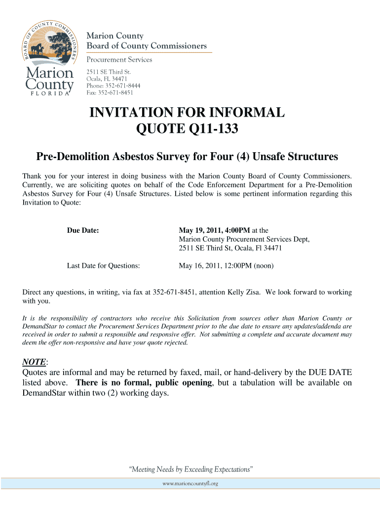 Fillable Online INVITATION FOR INFORMAL QUOTE Q11-133 Pre-Demolition ...