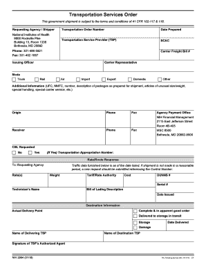 Fillable Online oma od nih FORM NIH 2964. Transporation Services Order ...