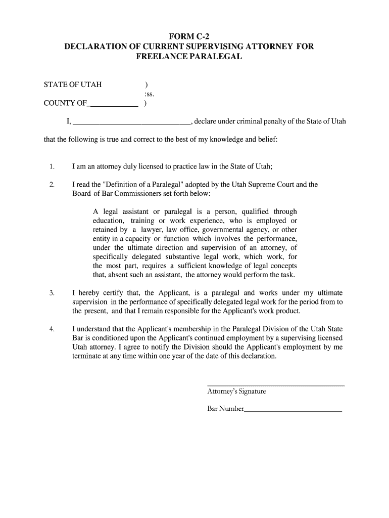 Fillable Online paralegals utahbar form c-2 declaration of current ...