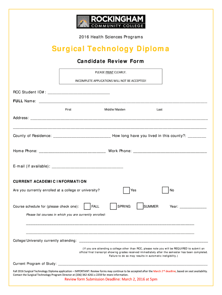 Fillable Online rockinghamcc Surgical Technology Diploma - Rockingham ...