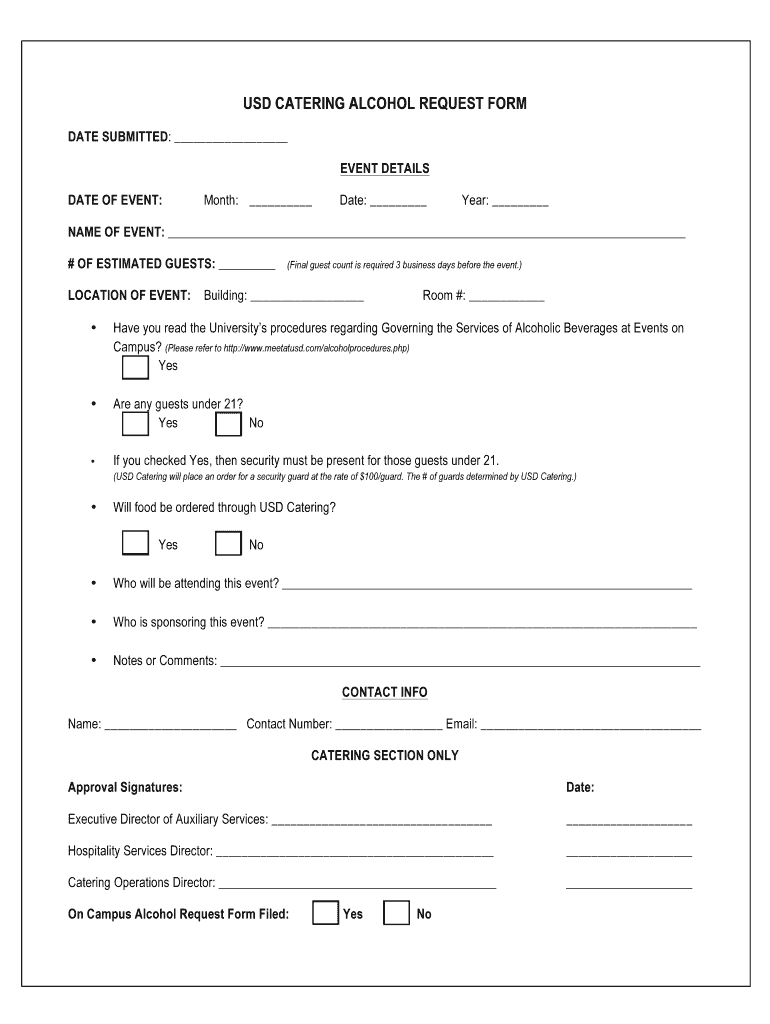 Fillable Online USD CATERING ALCOHOL REQUEST FORM Fax Email Print ...