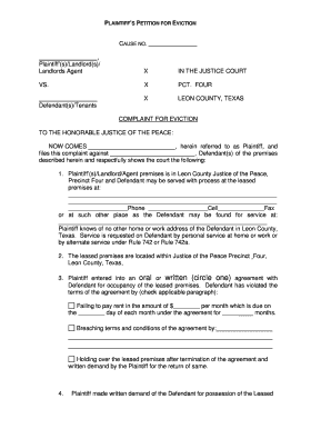 Fillable Online Plaintiff (Landlord) Complaint for Eviction Fax Email ...