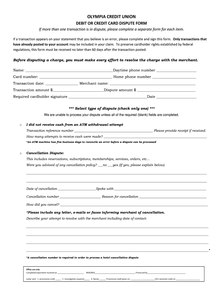 Fillable Online olycu DEBIT OR CREDIT CARD DISPUTE FORM - Olympia ...